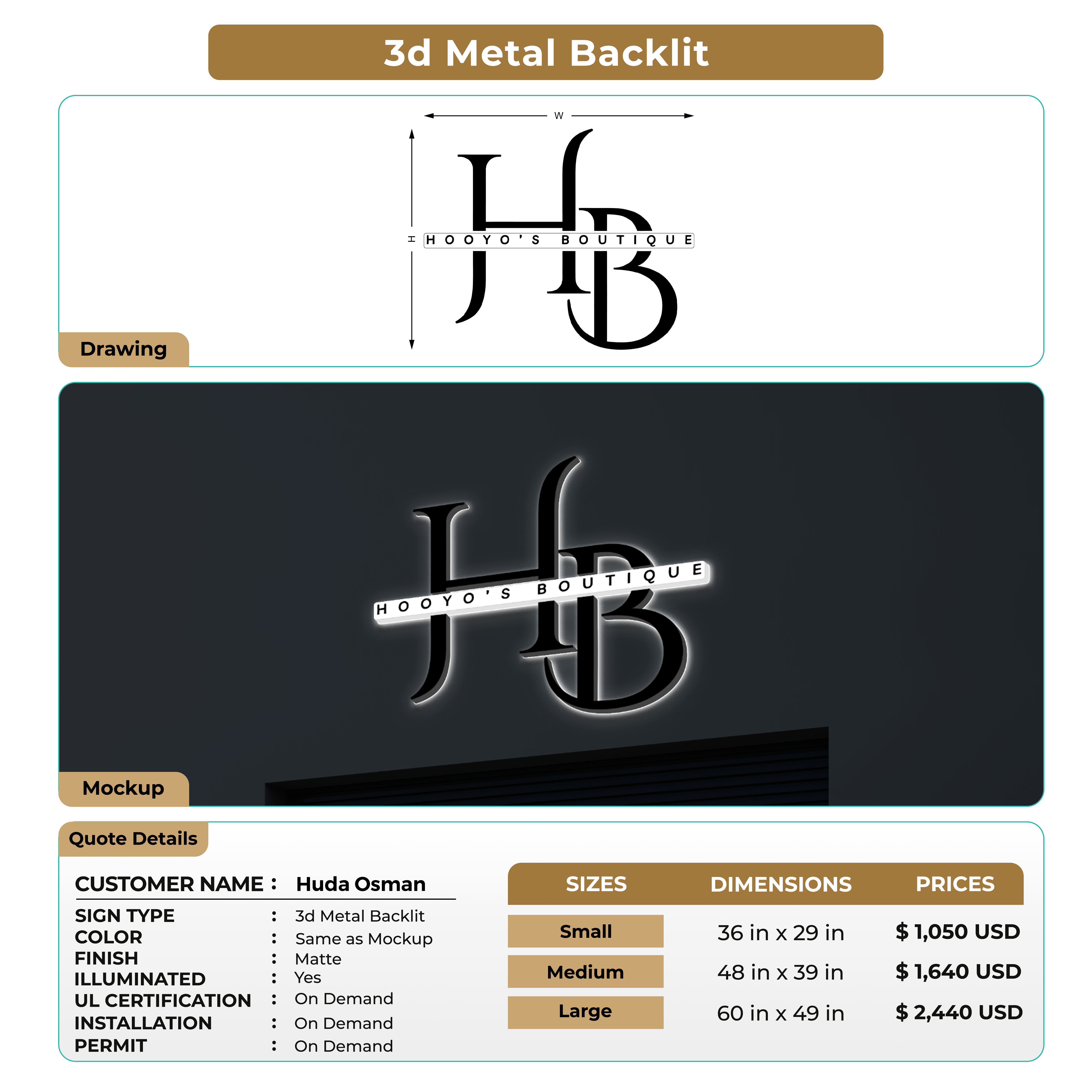 3d metal backlit for Huda Osman – Signize