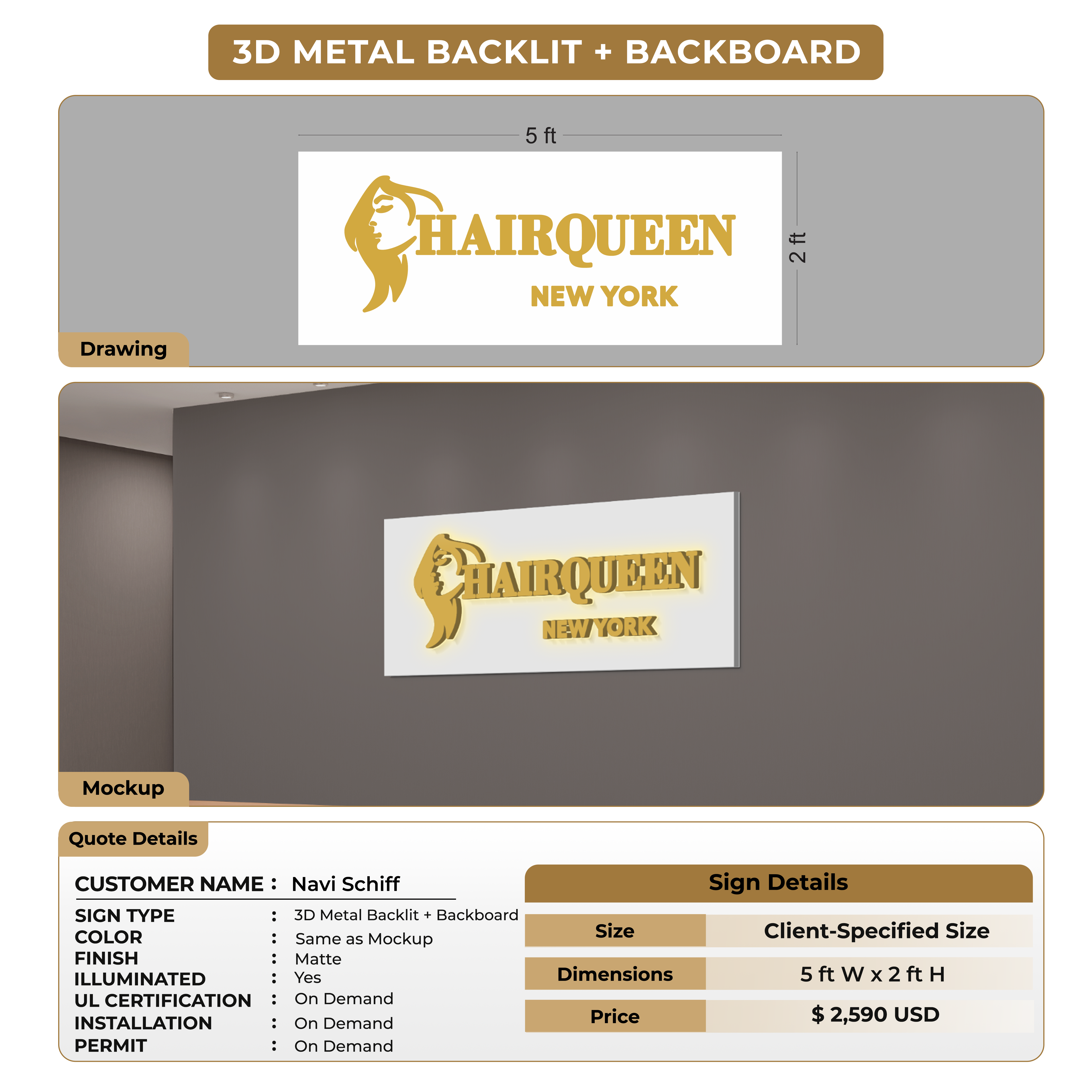 3D Metal Backlit + Backboard Signs For Navi Schiff – Signize