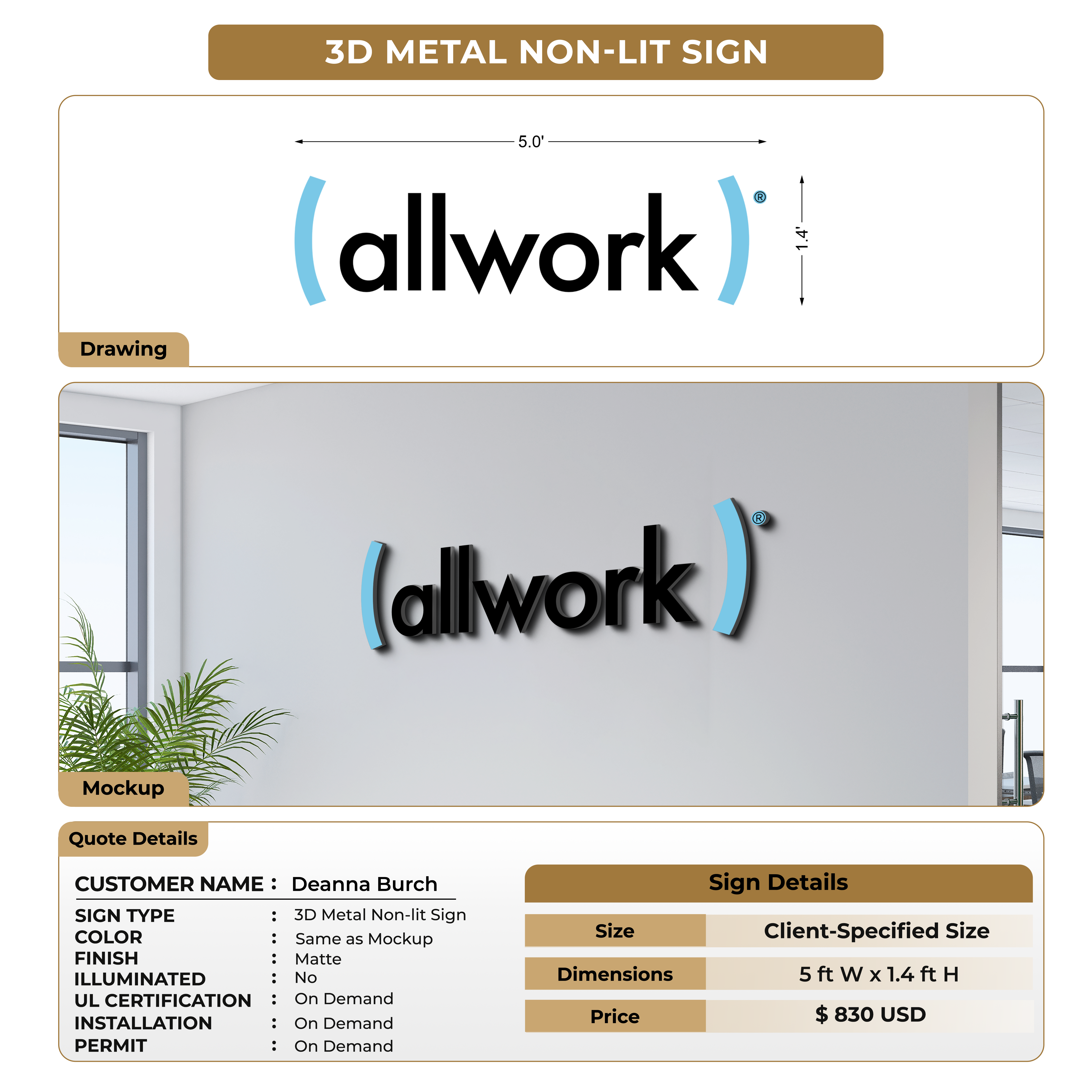 3D Metal Non-lit Sign For Deanna Burch – Signize