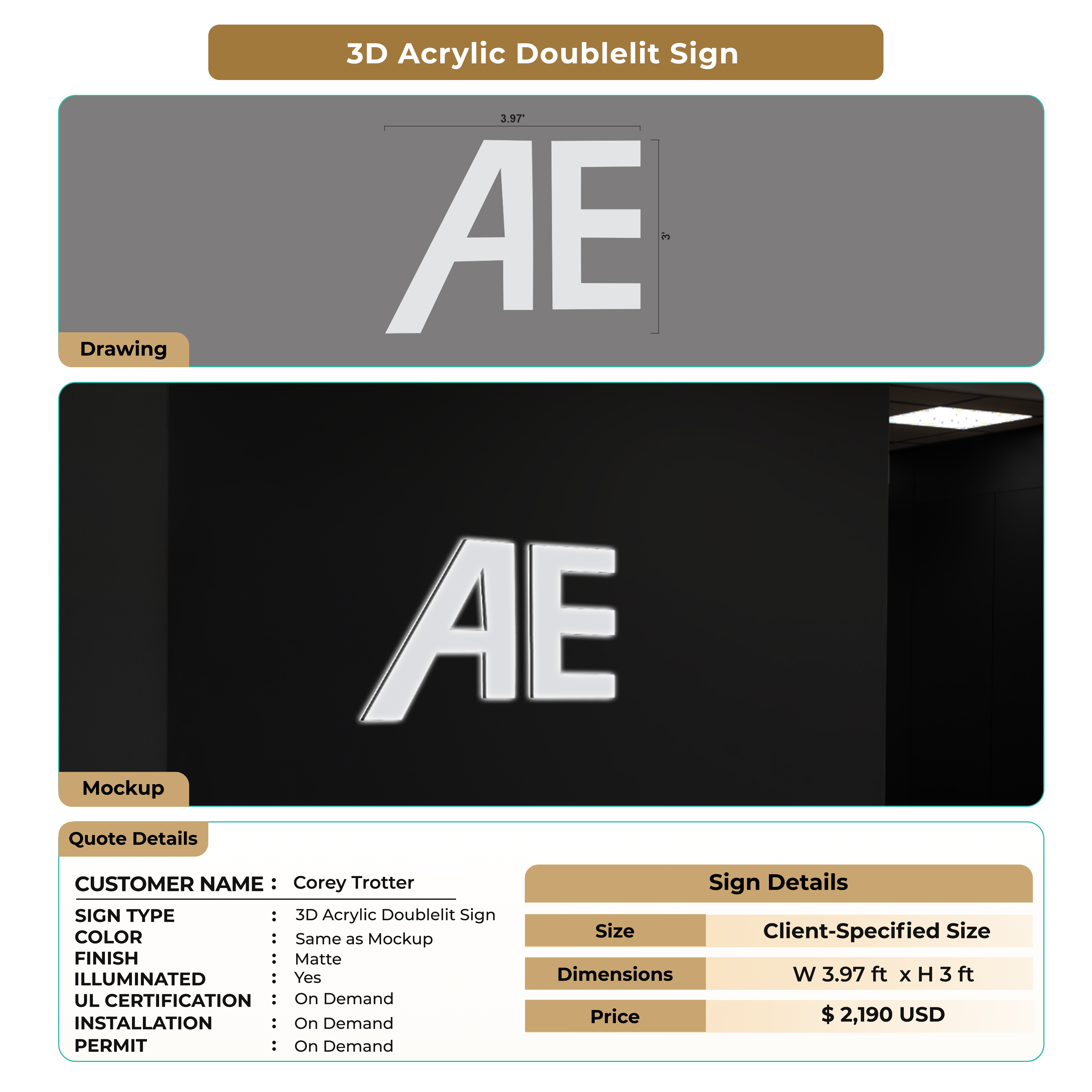 3D Acrylic Doublelit Sign for Corey Trotter – Signize