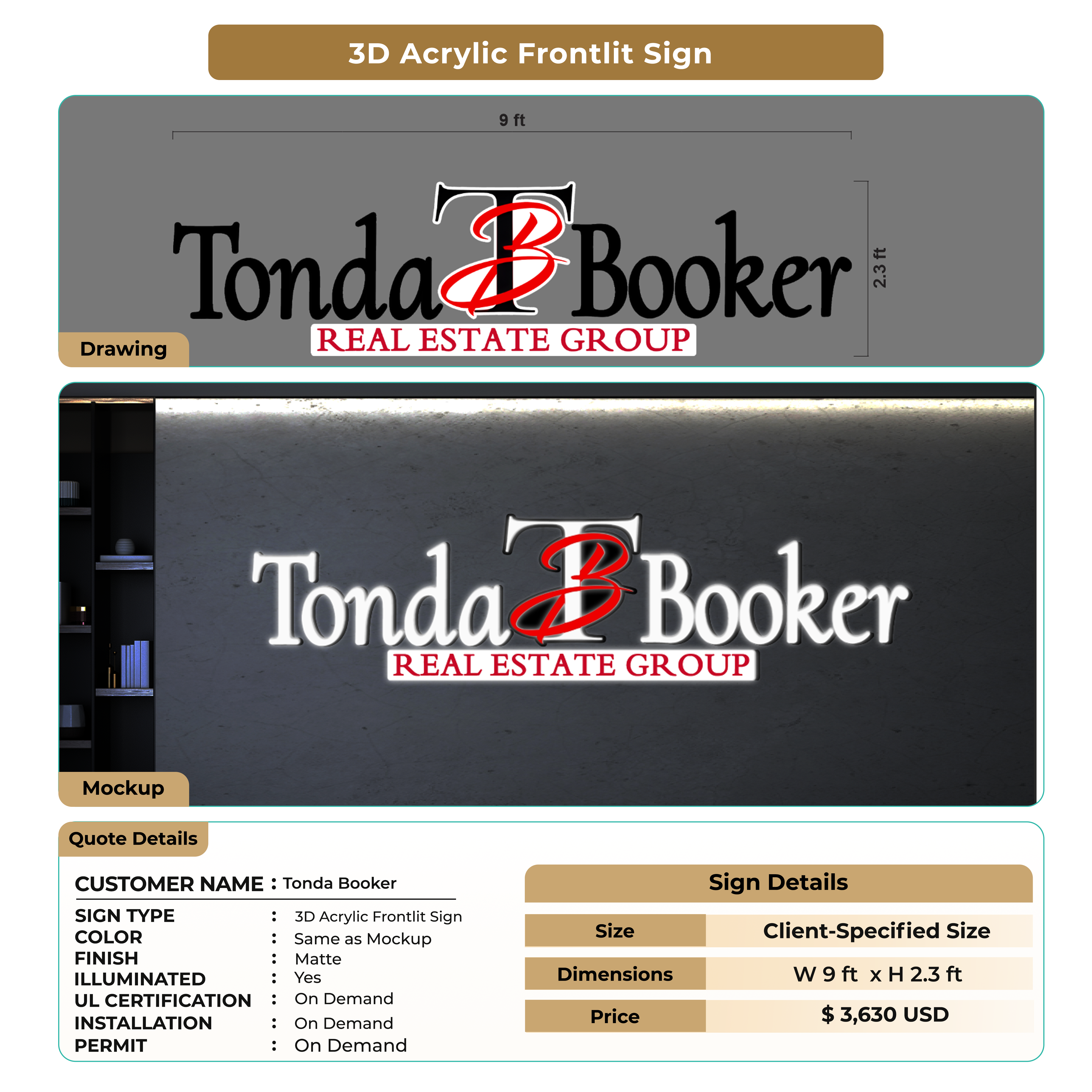3D Acrylic Frontlit Sign for Tonda Booker – Signize